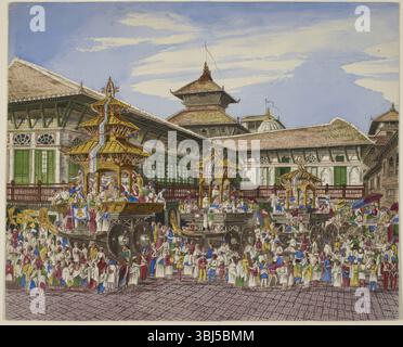 'The Kumari jatra. Three temple cars outside the Hanuman Dhoka, or Old ...