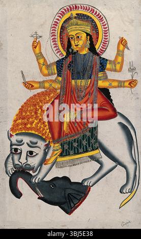 India: The Hindu Goddess Durga. Watercolour miniature painting, 18th ...