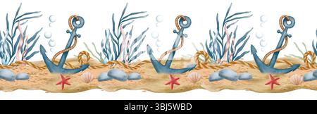 Seamless border of beige sea shells Scallop, watercolor illustration ...