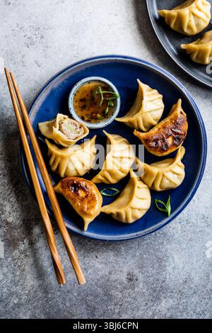 Appetizing Asian pan fried dumplings, gyoza, served on dark platter ...