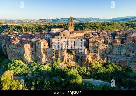 Aerial view of the countryside in the warm tones of sunset in Germany ...