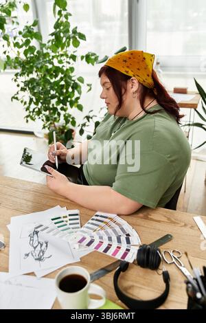 Woman drawing fashion sketches for new collection on tablet computer ...