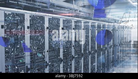 Displaying server rack cabinets glowing green in server room, with ...