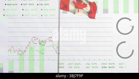Displaying Canadian flag waving on dashboard with grid uptrending green ...