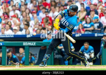 Philadelphia Phillies' Kyle Schwarber hits a home run against San Diego ...