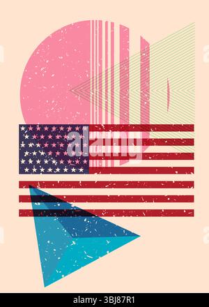 Risograph American Flag with geometric shapes. Objects in trendy riso ...