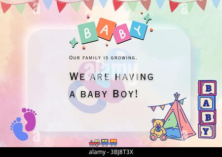 Baby boy gender reveal announcement illustration with soft pastel ...