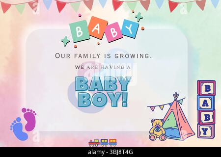 Baby boy gender reveal announcement illustration with soft pastel ...