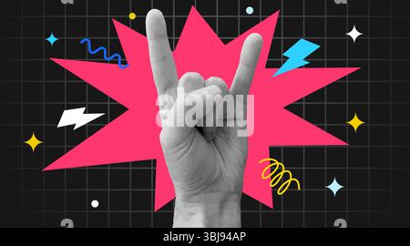 Contemporary punk poster with hand making rock gesture. Doodle elements ...