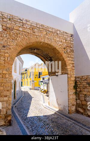 The entrance to the old town of Faro, Portugal with two stork bird ...