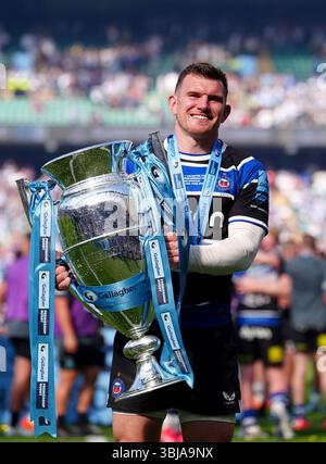 Bath Rugby's Ben Spencer celebrates with the trophy after the Gallagher ...