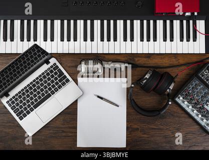 Music studio equipment and white paper with pen. Songwriting concept ...