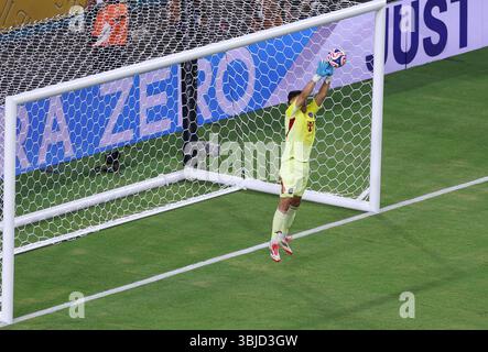 Oscar Ustari of Inter Miami CF saves a penalty kick from Trezeguet of ...
