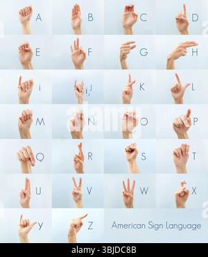 American sign language. Female hand showing letter F isolated on blue ...