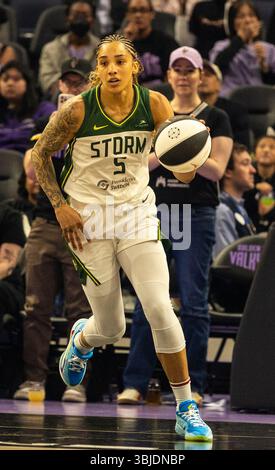 Seattle Storm forward Gabby Williams (5) shoots over New York Liberty ...