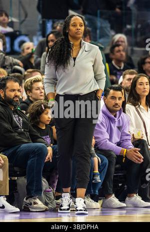 Seattle Storm head coach Noelle Quinn, center, watches as her team ...