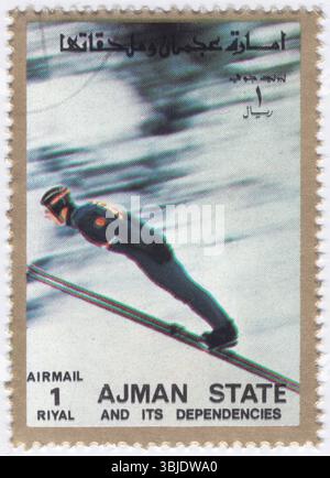 AJMAN - 1973 March 31: 1 riyal multicolored Air Post stamp depicting ...