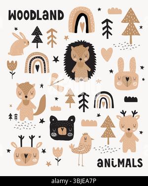 Forest poster with cute bear, fox, hedgehog, birds, bees, butterflies ...