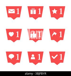 Set of nine notifications in social media. Heart, star, follower ...