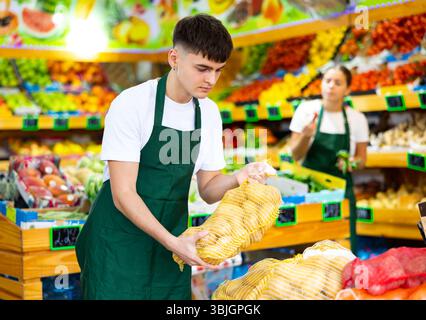 Concentrated male seller stacking up mesh bag with potatoes in shop ...