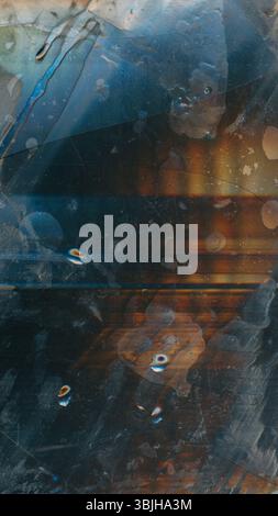 Wet stains. Old film overlay. Orange blue dust scratches bubbles defect ...