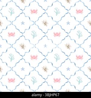 Watercolor crab and seashell seamless pattern on deep blue textured ...