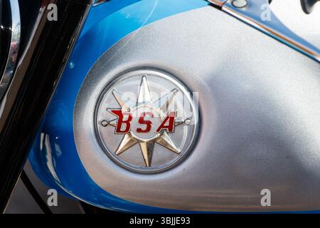 Close-up view of the BSA emblem on a vintage motorcycle fuel tank ...