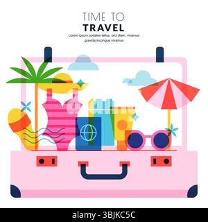 Travel suitcase on beach with palm symbols vector illustration graphic ...