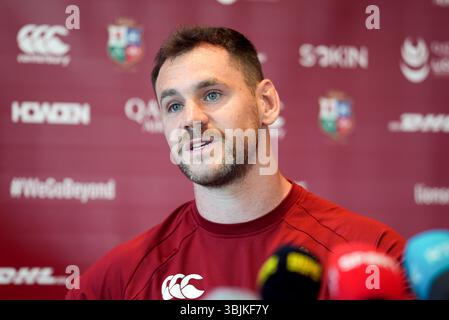 Tomos Williams of the British & Irish Lions is airborne as he scores a ...