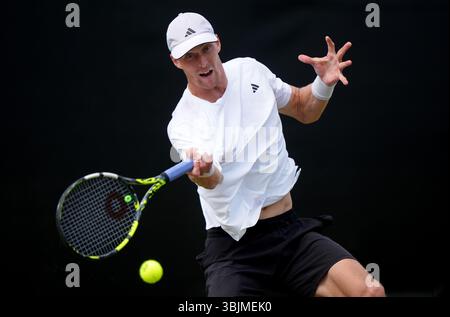 Jan Choinski in action against Mark Lajal, during Wimbledon qualifying ...