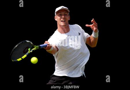 Jan Choinski in action against Mark Lajal, during Wimbledon qualifying ...