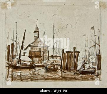 This perspective drawing depicts a scene from the 19th-century American ...