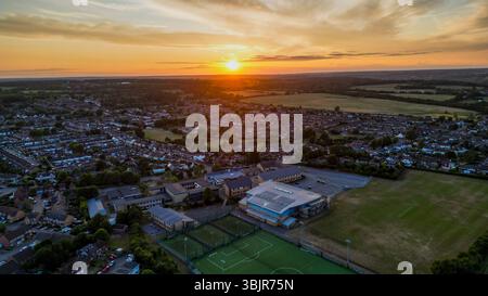 Aerial view of Hoddesdon, Hertfordshire showing river, sunset and ...