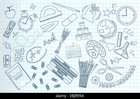 Back to school doodle elements. Supplies background. Line school ...