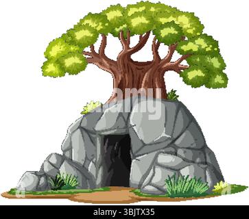 Vector illustration of a tree growing atop a rocky cave entrance ...