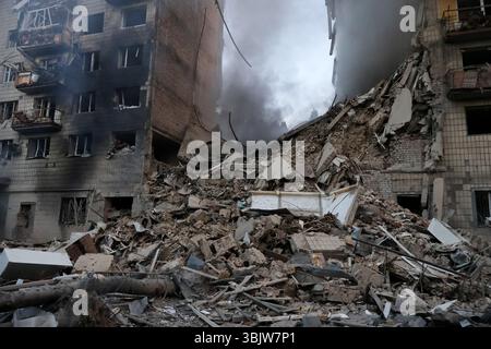 A view of a residential building damaged by a Russian strike in Kryvyi ...