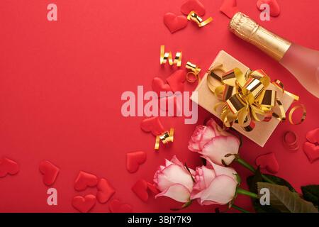 Bottle of wine, roses and hearts on grunge background. Valentine's Day ...