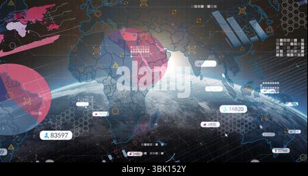 Displaying transparent Earth globe over dark grid background, with binary digits, financial ...