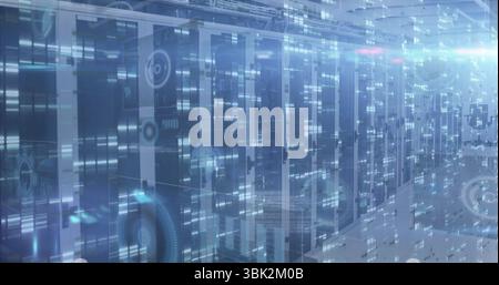 Streaming server rack corridor at data center, with cascading binary code, user profile windows ...