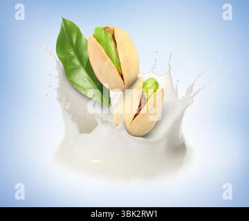 Milk splash with pistachios and green leaf in air on white background ...