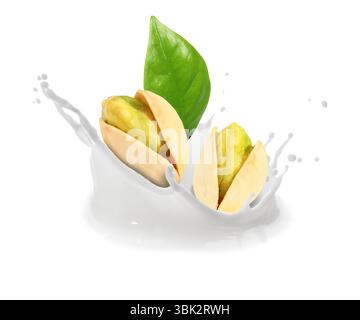 Milk splash with pistachios and green leaf in air on beige gradient ...