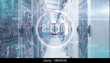 Showcasing data center corridor featuring server racks and floating ...