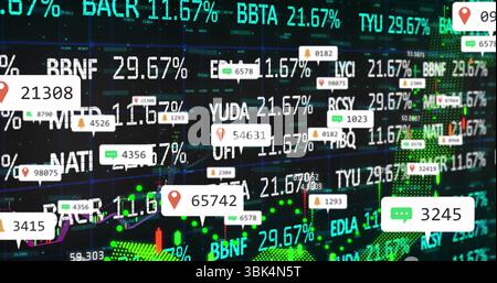 Displaying trading dashboard showing market data on monitor, with circular gauge and line charts ...