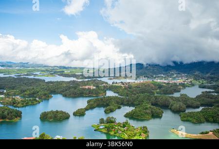 Stunning aerial landscape of Guatape, showcasing its vibrant lakes ...