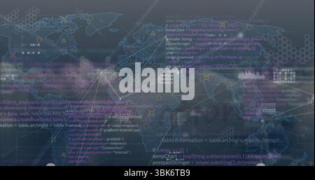 Displaying code and world map in virtual environment, with bar graph date indicators and ...