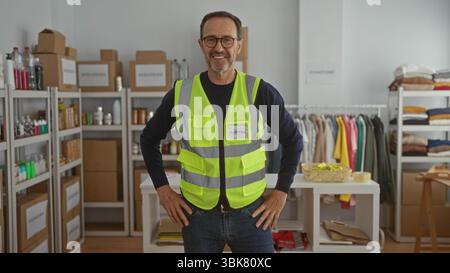Middle age man wearing volunteer t shirt at donations stand showing and ...