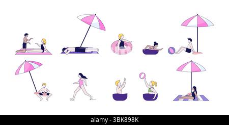 Diverse bathers enjoying beach activities 2D line characters set Stock ...