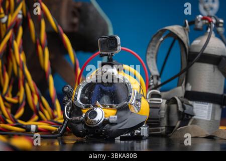Close up of commercial diving helmet on the boat Stock Photo - Alamy