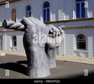 Large metal sculpture (All Hands) by Brian Fell, representing canal ...