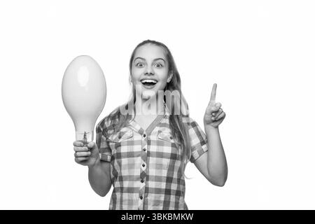 Inspired teen girl genius isolated on white. Teen girl with bulb. Girl ...